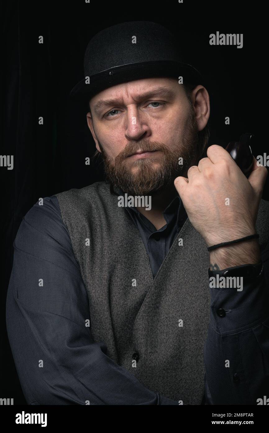 stylish man in retro outfit suit hat smoking wooden pipe sherlock ...