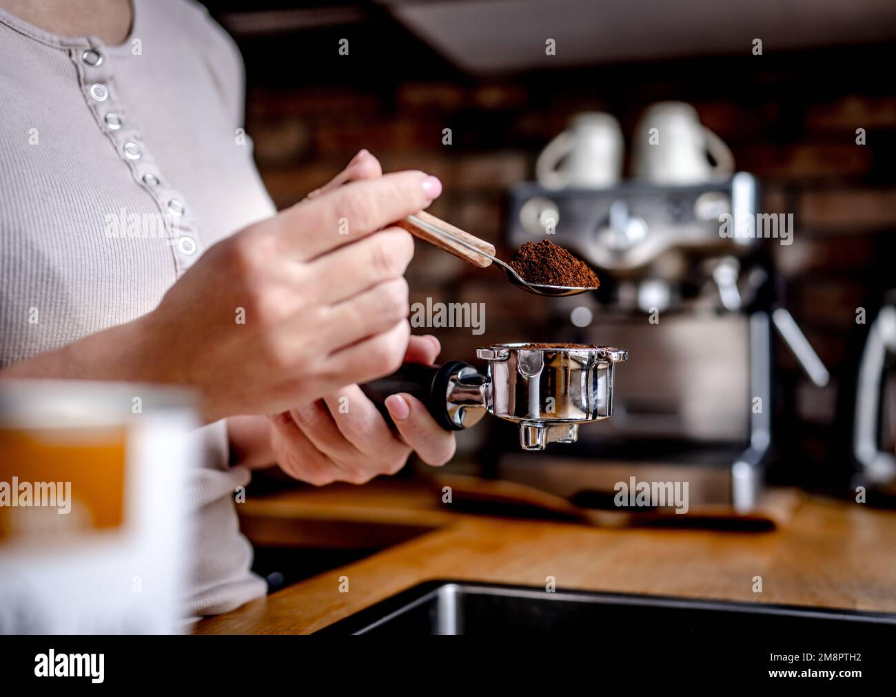 Coffee cappuccino preparation process with cafe maker Stock Photo - Alamy