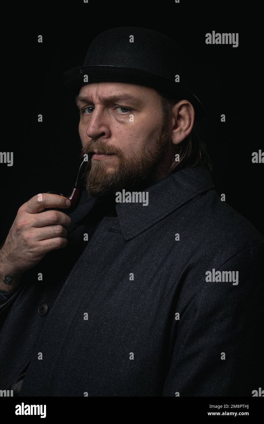 stylish man in retro outfit suit hat smoking wooden pipe sherlock ...