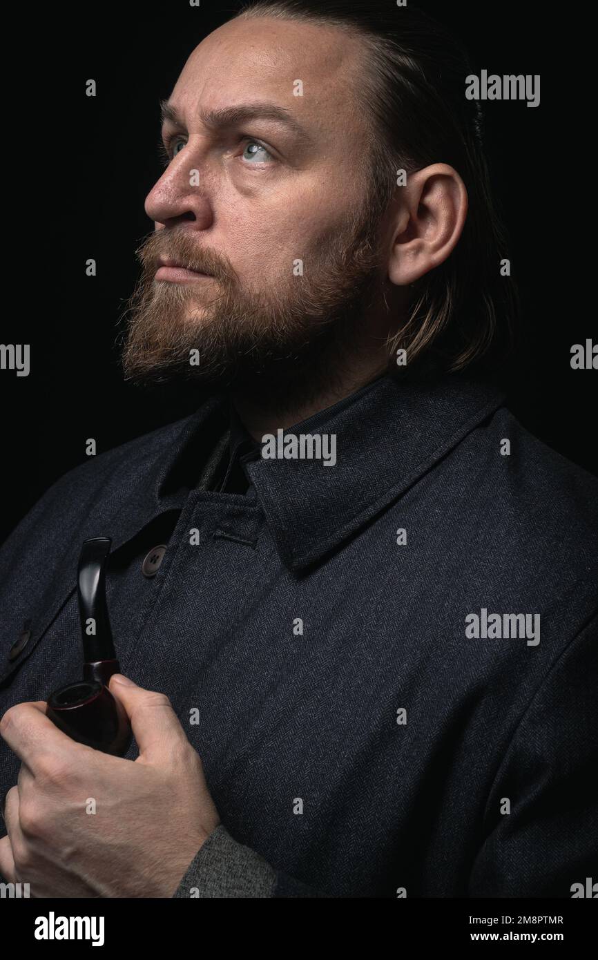 stylish man in retro outfit suit hat smoking wooden pipe sherlock ...