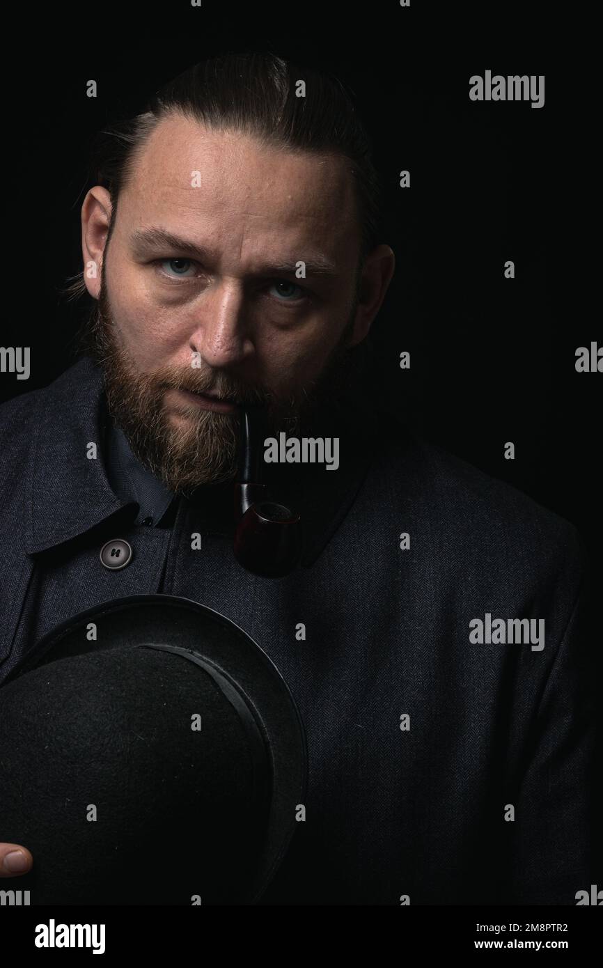 stylish man in retro outfit suit hat smoking wooden pipe sherlock ...