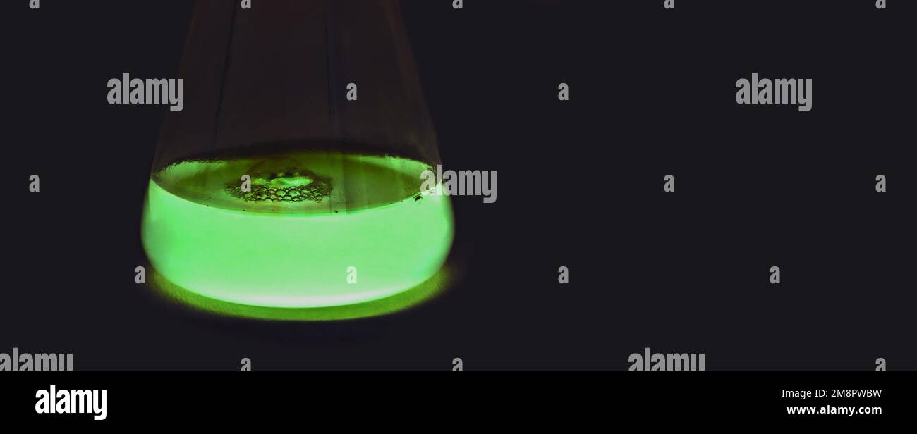 A Laboratory flask glowing in the dark. Alchemy magic potion. Green ...