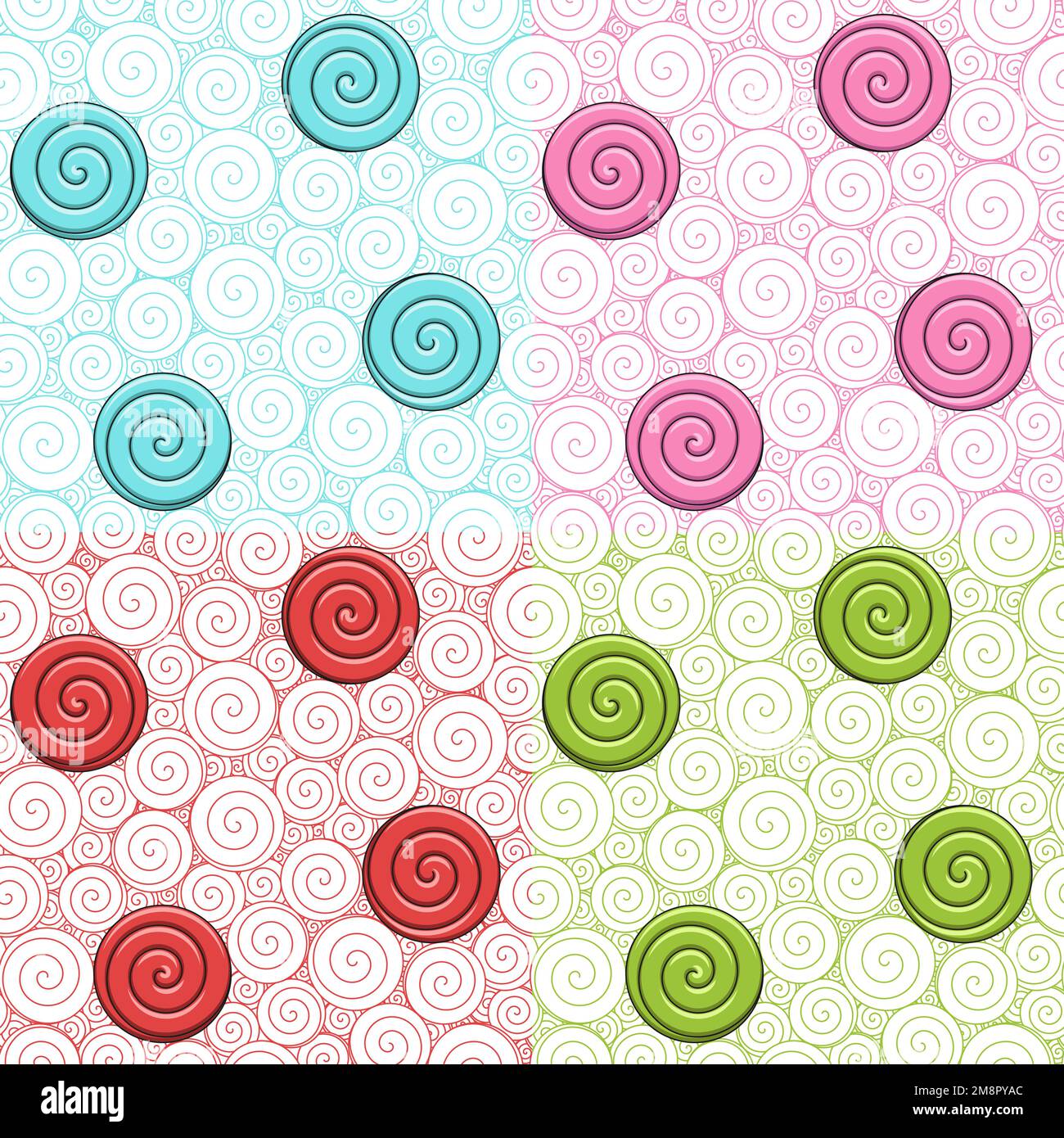 Set of seamless patterns with swirls and candies. Colored vector ...