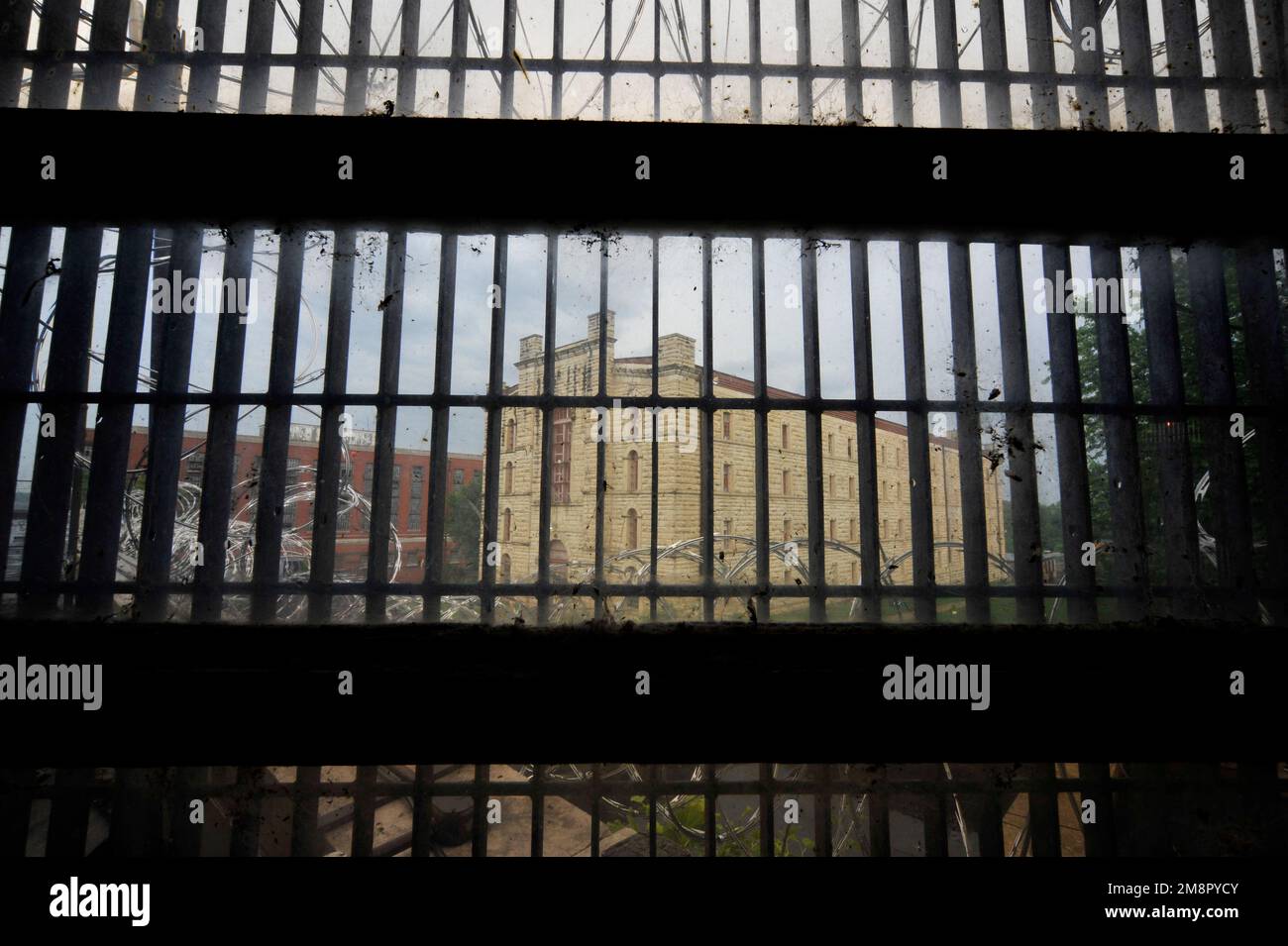 A view of a prisoner cellblock through prison bars at the Missouri ...