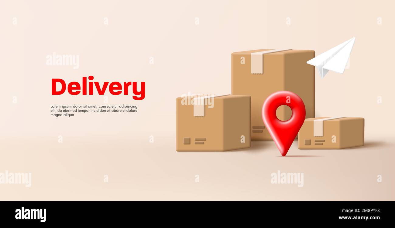 3d illustration of shipment delivery with carton boxes and paper plane ...