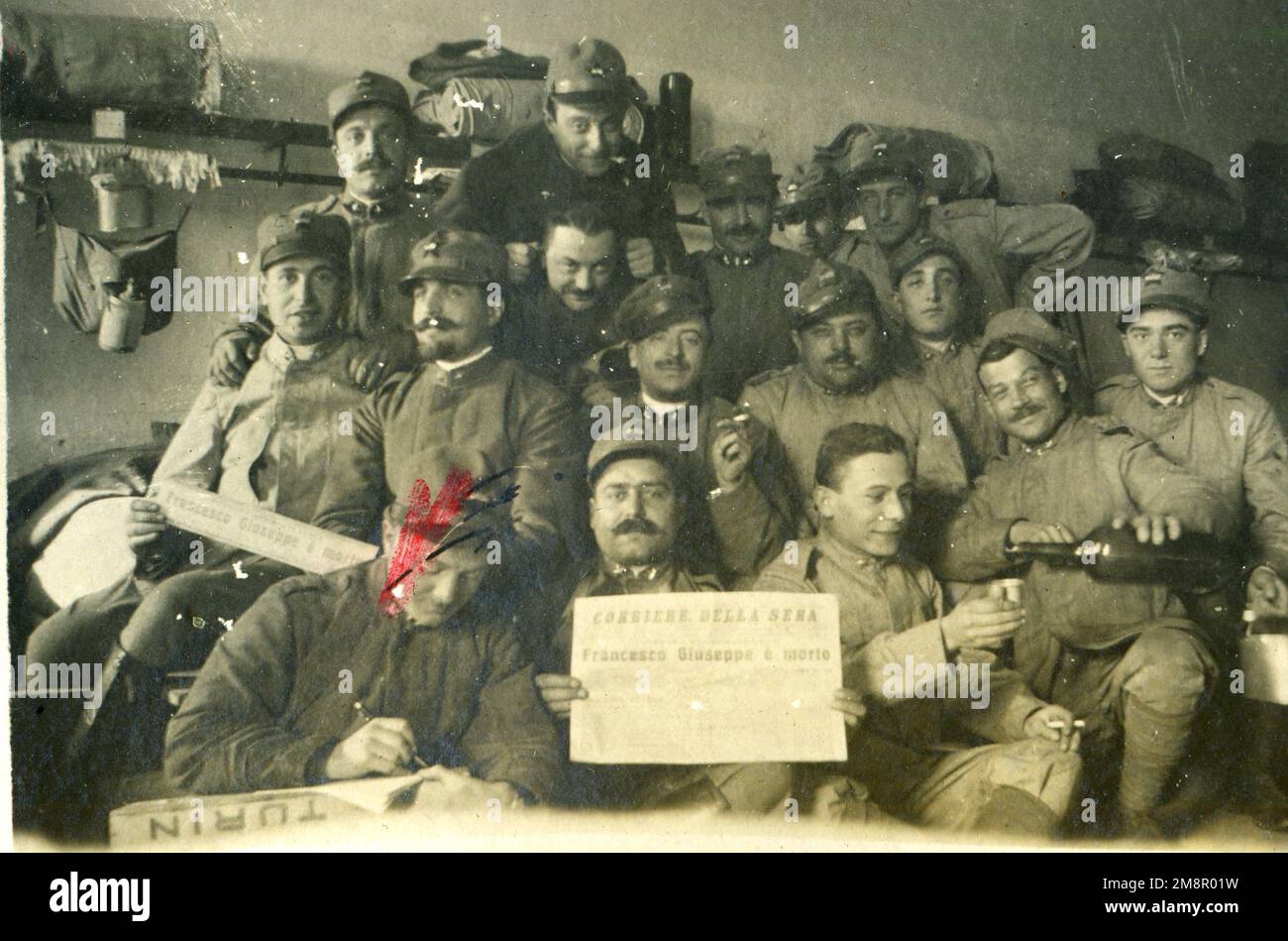 WW1 - Italian soldiers making a toast showing the Italian newspaper ...