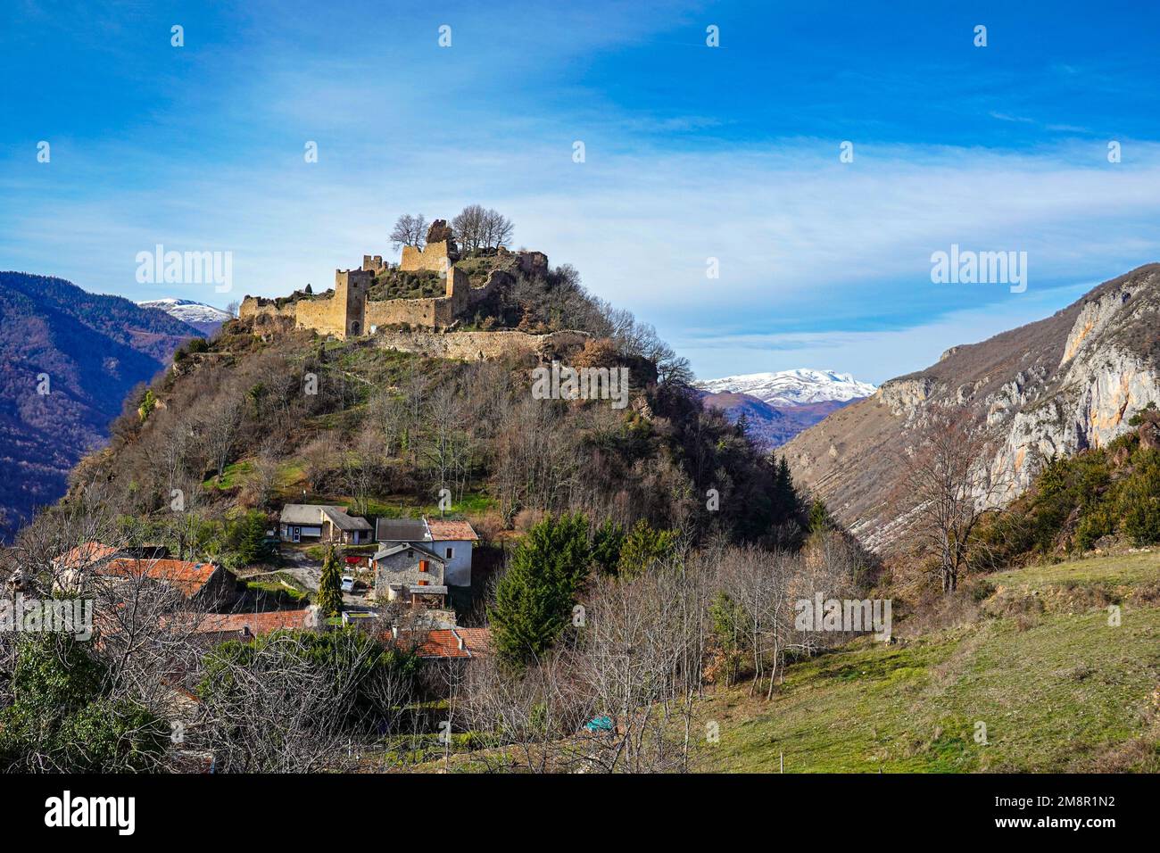 The village and Cathar castle of Lordat in the Ariege region of the ...