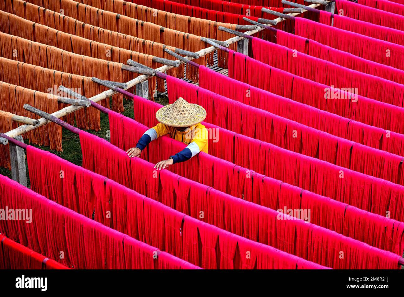 A weaver rinses the colourful Jute fibre to dry under sun which will be ...