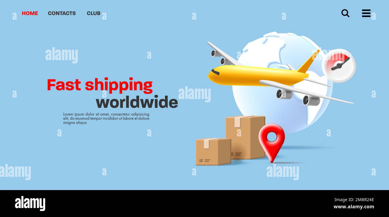 3d illustration banner with carton boxes, air plane and stopwatch with ...