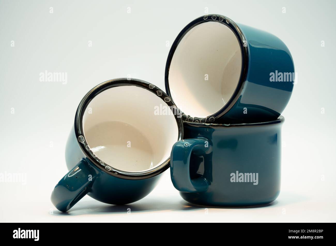 close-up of three blue ceramic glazed coffee cups Stock Photo - Alamy