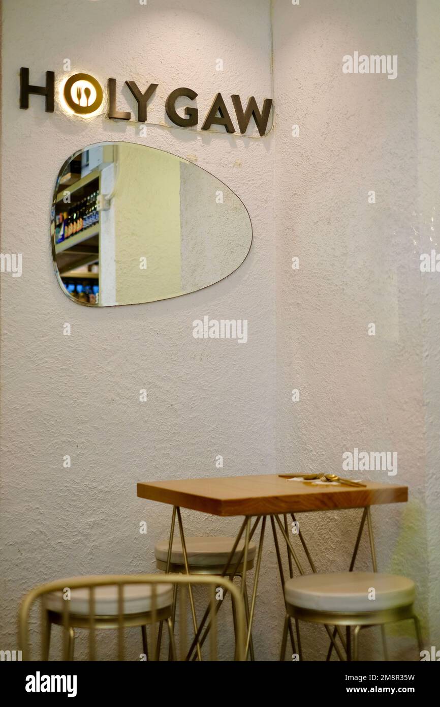 A vertical shot of the Interior of a Filipino restaurant in Hong Kong ...
