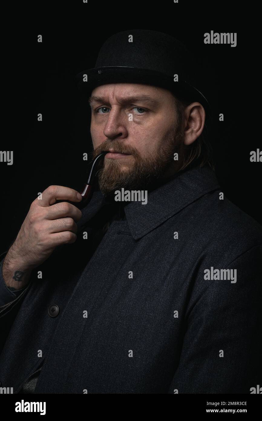 stylish man in retro outfit suit hat smoking wooden pipe sherlock ...