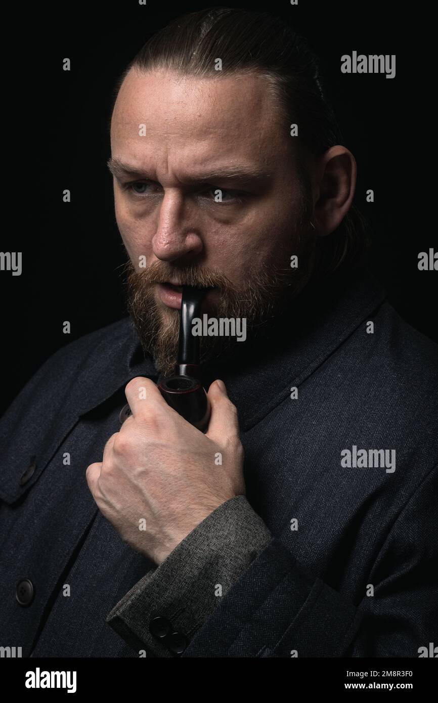 stylish man in retro outfit suit hat smoking wooden pipe sherlock ...