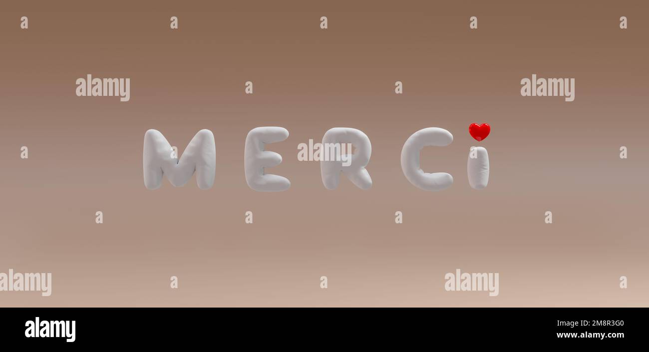 Merci text balloons letters with hearts on beige color background. 3d ...