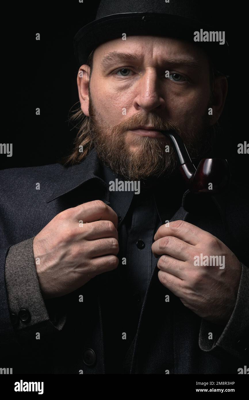 stylish man in retro outfit suit hat smoking wooden pipe sherlock ...