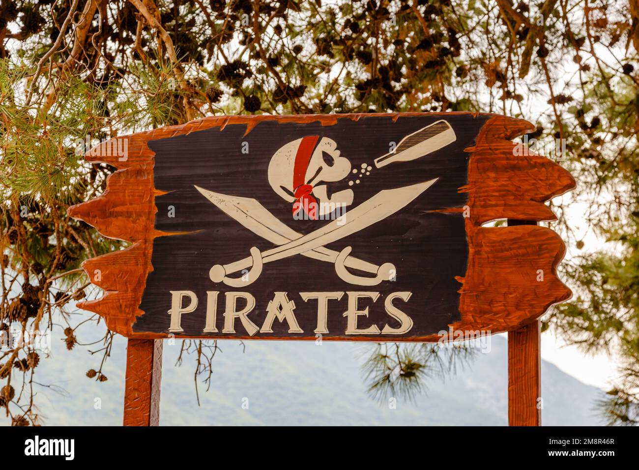 A closeup shot of a wooden board with a pirates sign, a scull drinking ...