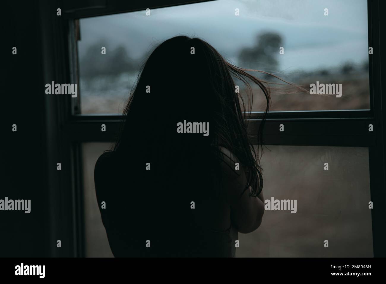 A closeup shot of a female with long hair looking out of the window in ...