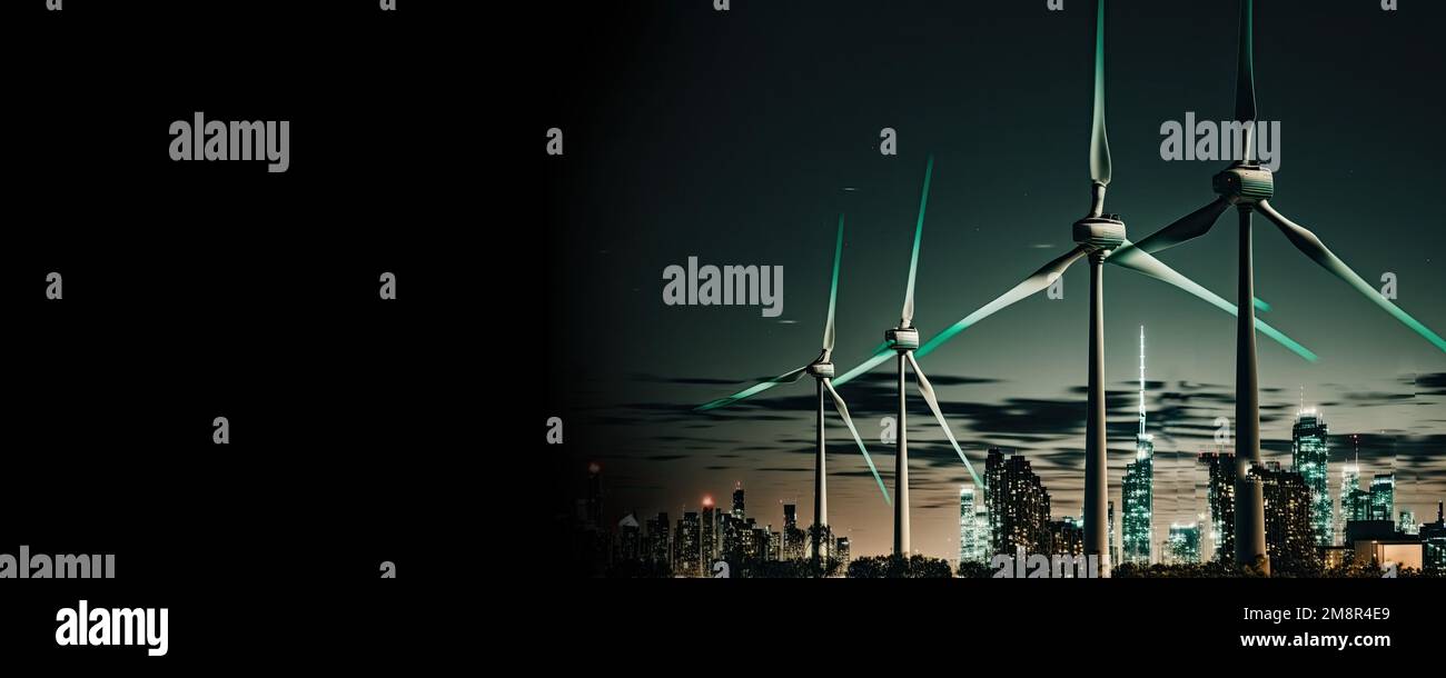 City Skyline with Wind Turbines Illuminated Against Night Sky Stock ...