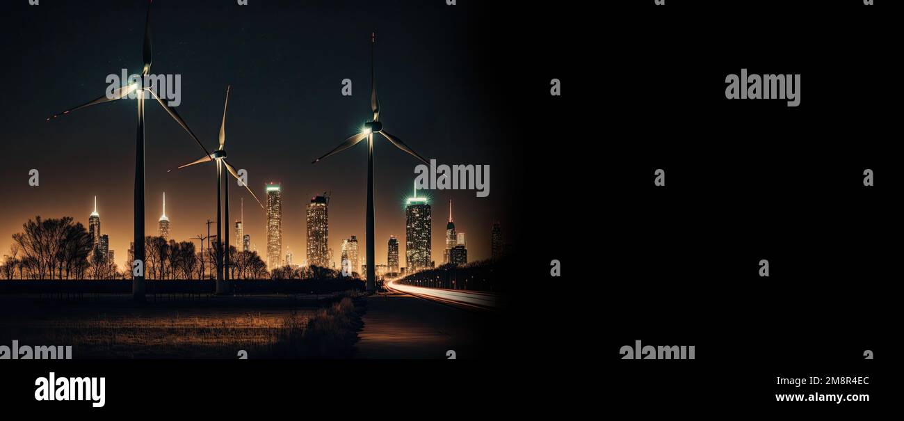 Wind Turbines at night with high rise buildings in background Stock ...