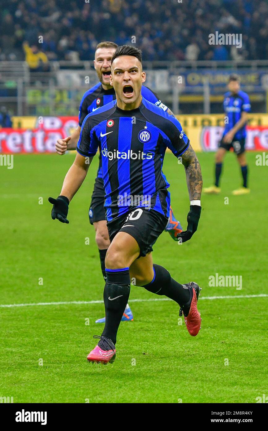 Milano, Italy. 14th Jan, 2023. Lautaro Martinez (10) of Inter scores ...