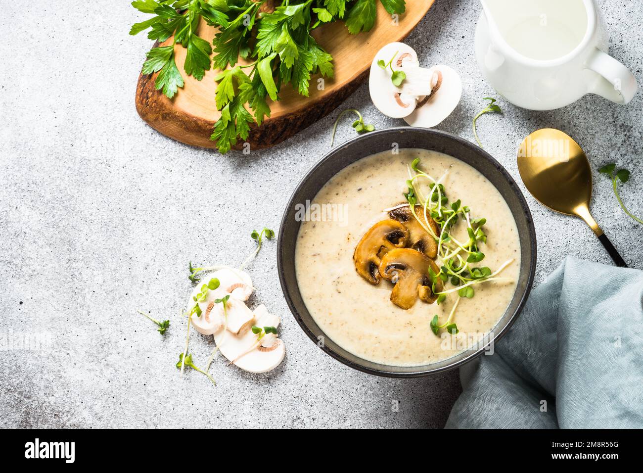 Mushroom Soup on light stone table. Champignon cream soup. Top view ...