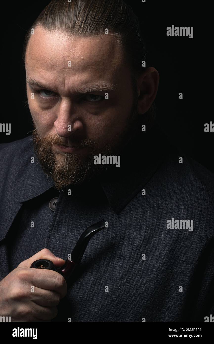 stylish man in retro outfit suit hat smoking wooden pipe sherlock ...