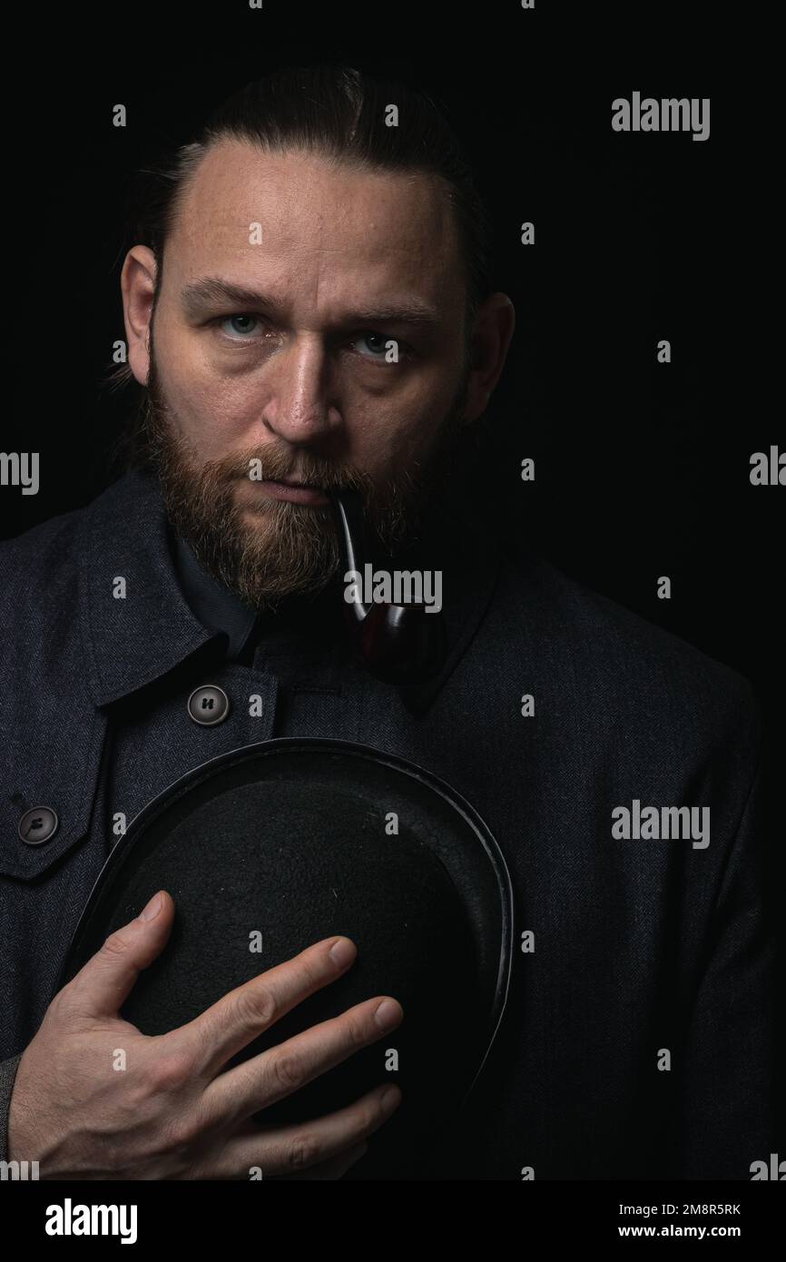 stylish man in retro outfit suit hat smoking wooden pipe sherlock ...