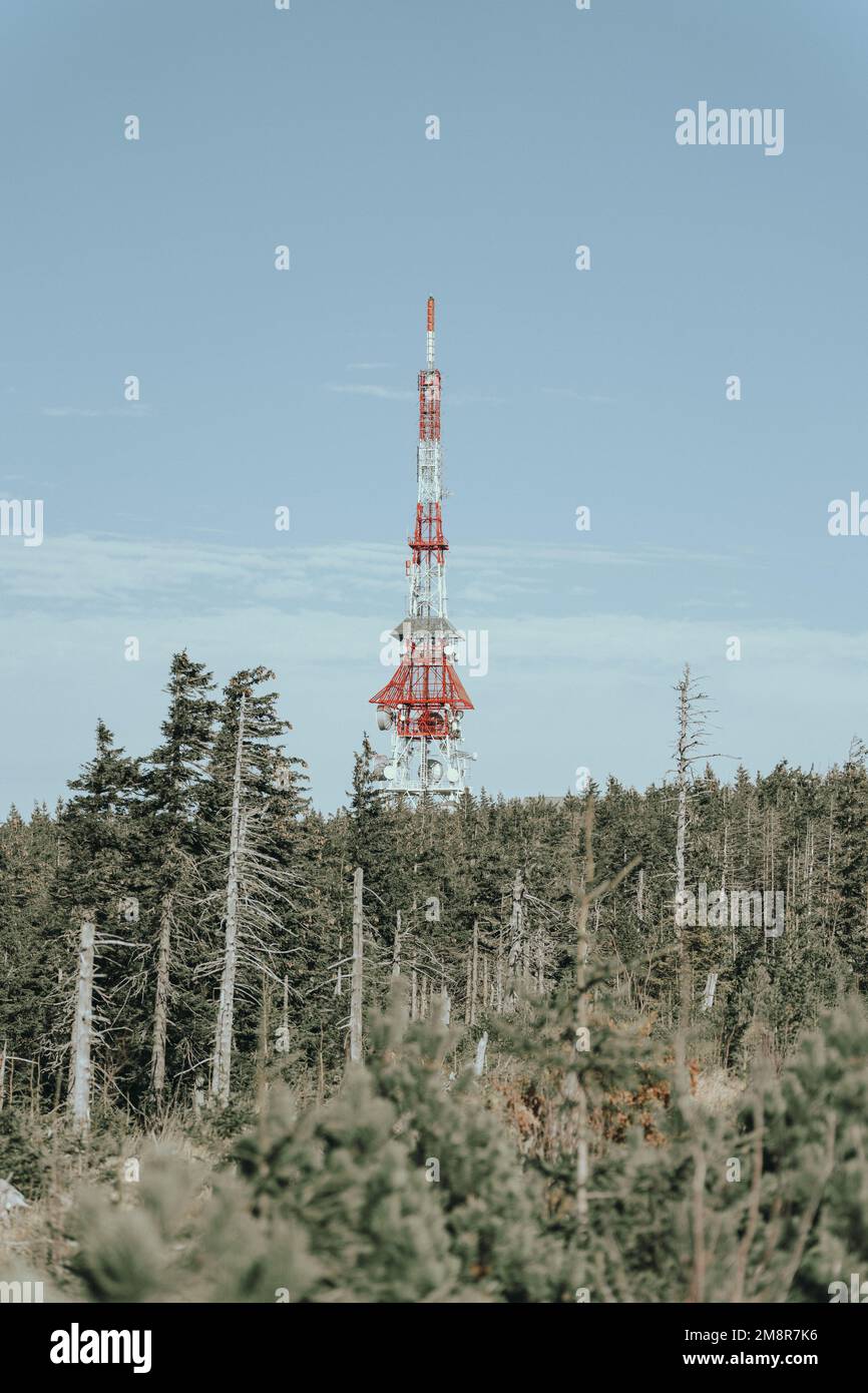 A vertical of Tokyo tower on a sunny day with clear sky background ...