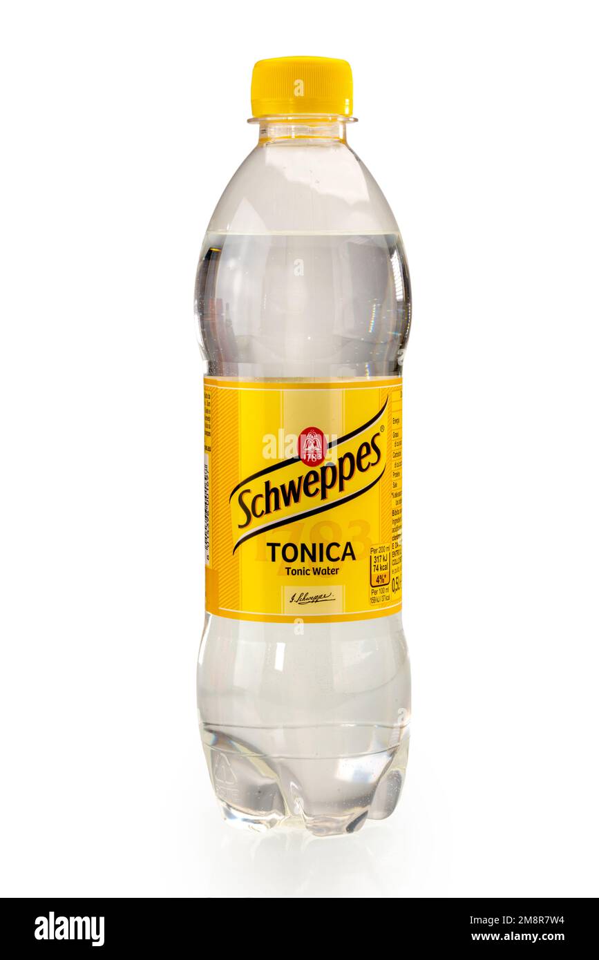 italy - january 14, 2023: Bottle of Schweppes tonic water. Italian ...