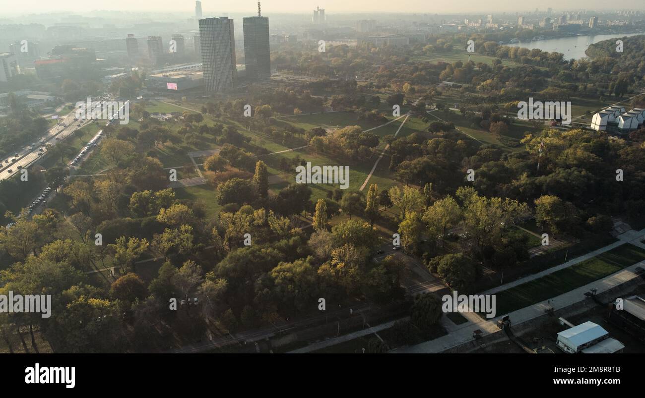 Aerial view of the Usce city park near the river. Great aerial view of ...
