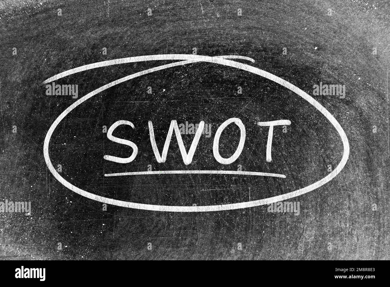 White chalk hand writing in word SWOT (abbreviation of strength ...