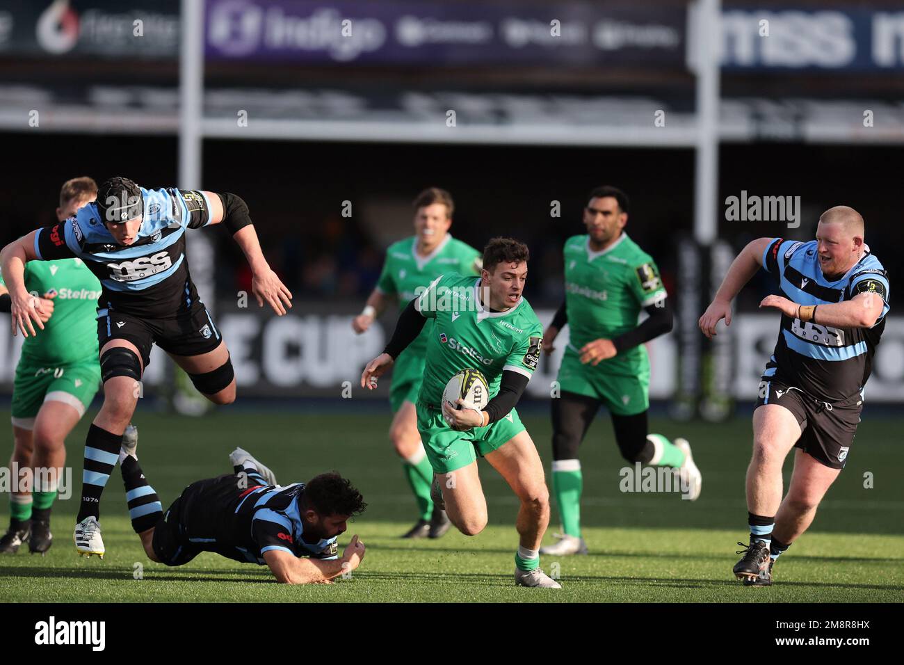 Cardiff, UK. 15th Jan, 2023. Adam Radwan of Newcastle Falcons (c) makes ...