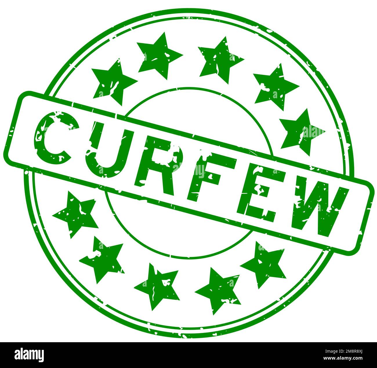 Grunge green curfew word with star icon round rubber seal stamp on ...