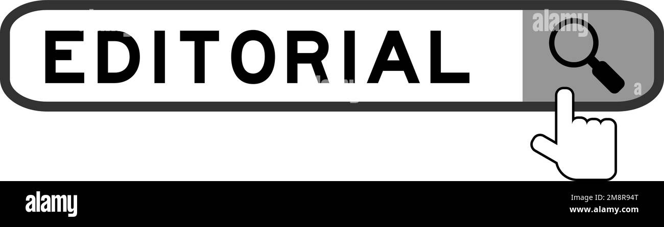 Search banner in word editorial with hand over magnifier icon on white ...