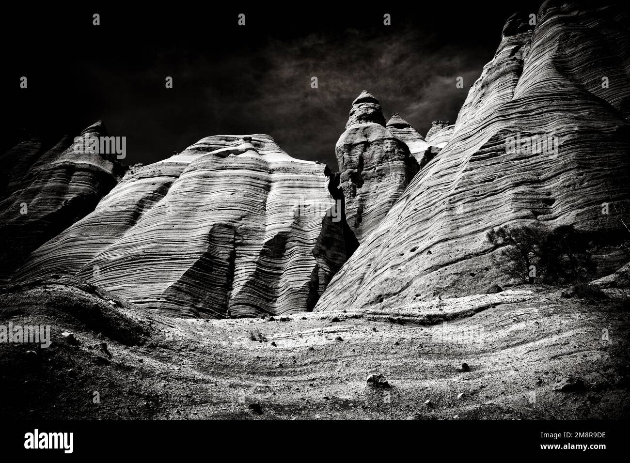 A dramatic grayscale landscape of the Kasha-Katuwe Tent Rocks National ...