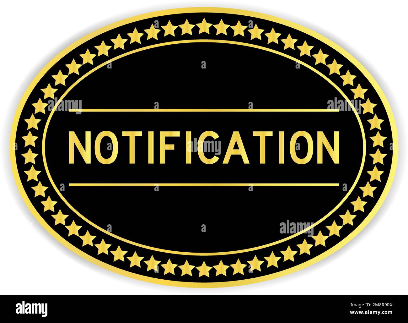 Black and gold color oval label sticker with word notification on white ...