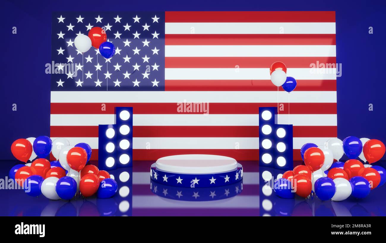 4th of July podium independence day background with lights and balloons ...