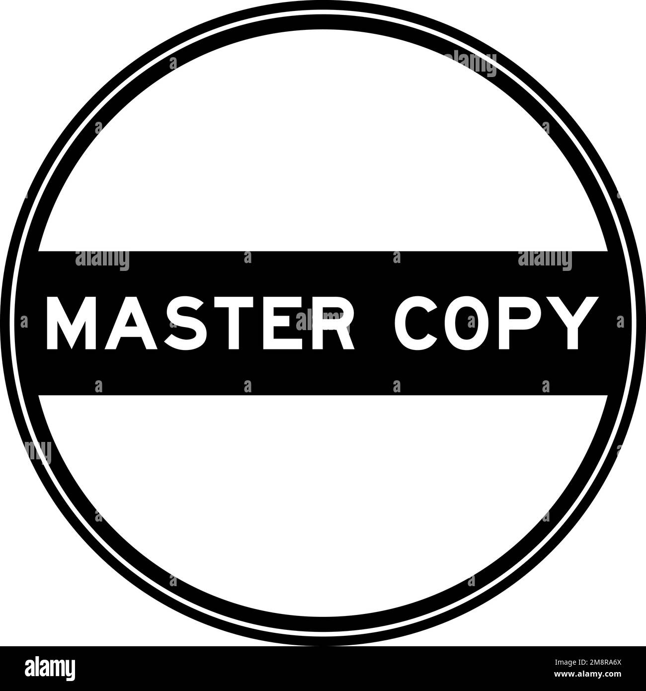 Black color round seal sticker in word master copy on white background ...