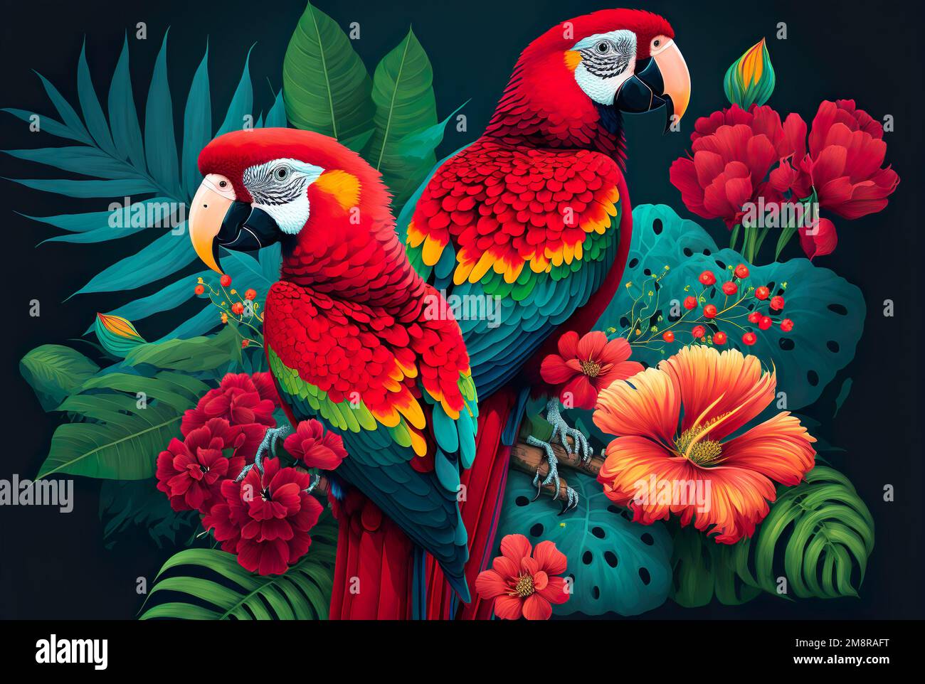 Beautiful floral with two parrot Stock Photo - Alamy