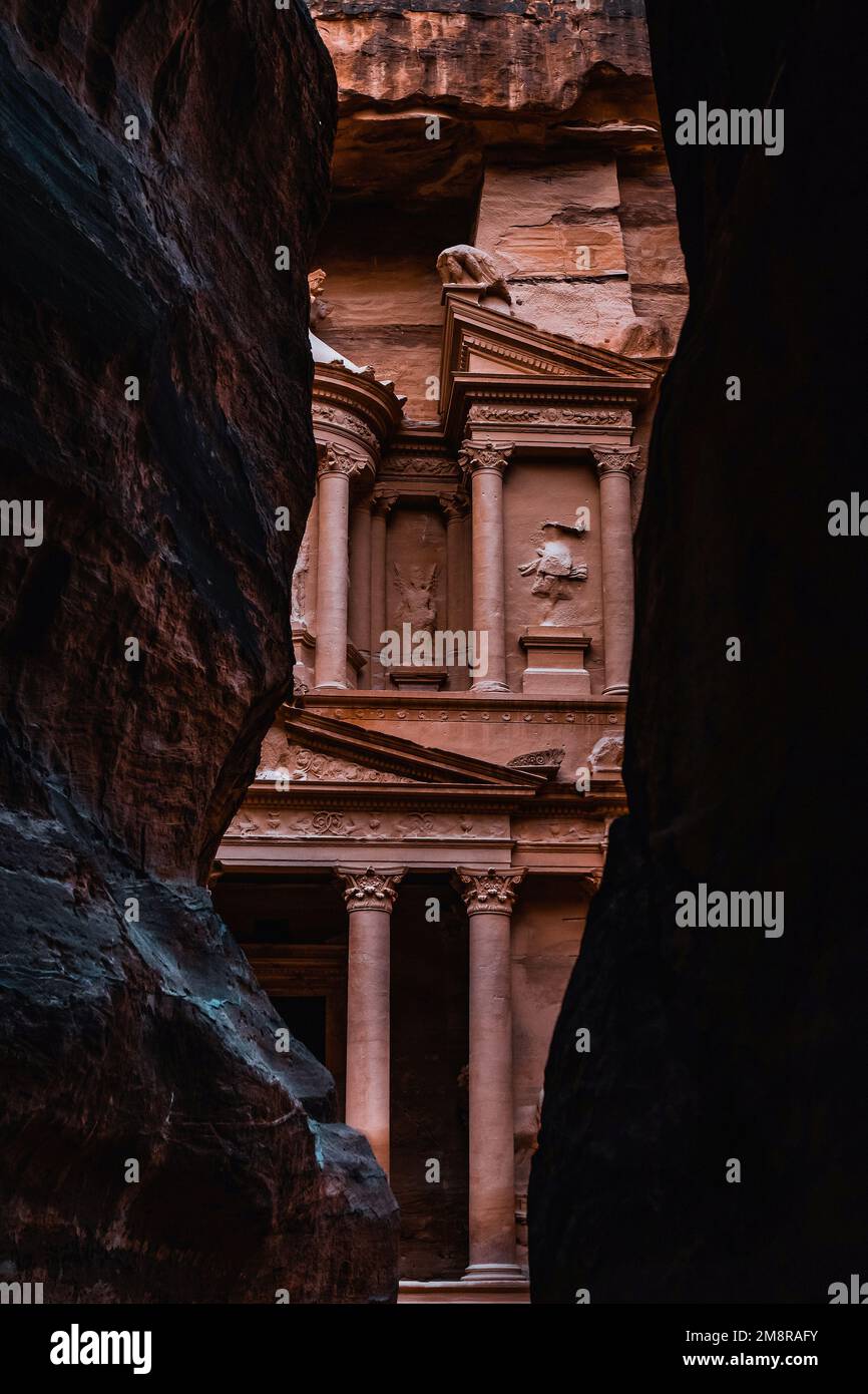 The Al Khazna Treasury viewed from the siq. Petra Jordan Stock Photo ...