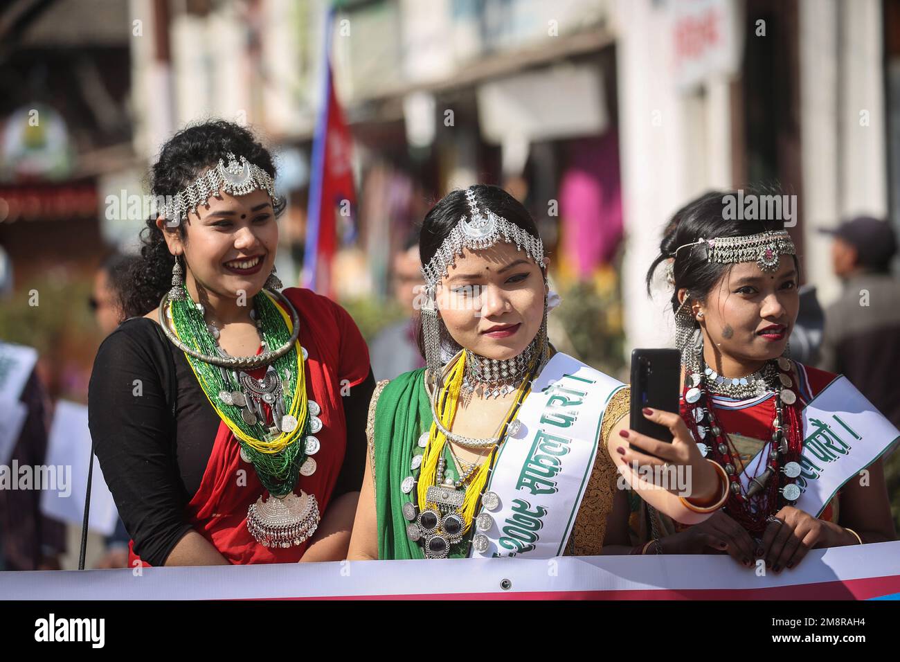 Kathmandu, Bagmati, Nepal. 15th Jan, 2023. Women from Tharu community participate in ...