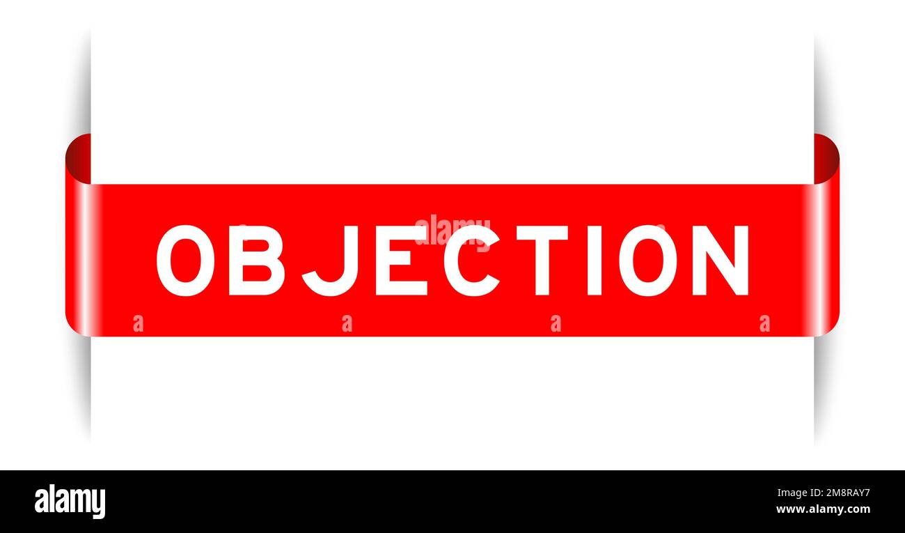 Red color inserted label banner with word objection on white background ...