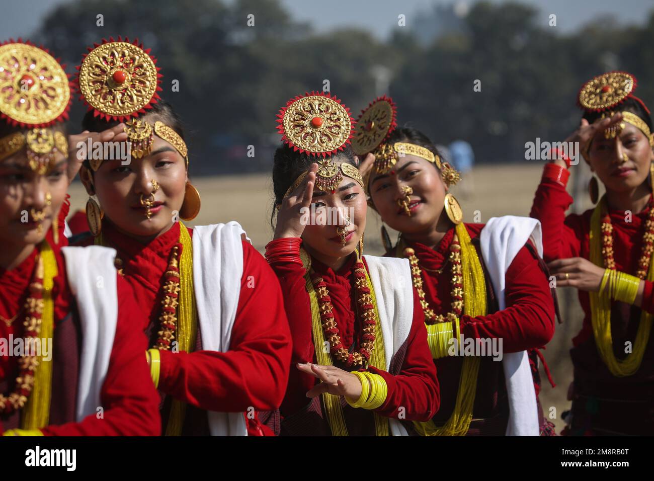 Kathmandu, Bagmati, Nepal. 15th Jan, 2023. Women from Magar community in traditional attire ...