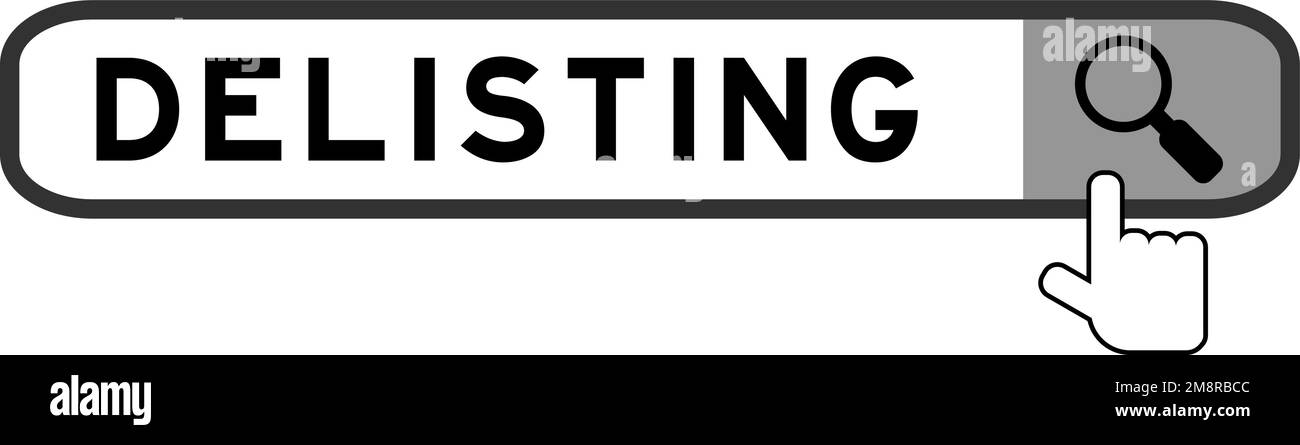 Search banner in word delisting with hand over magnifier icon on white ...