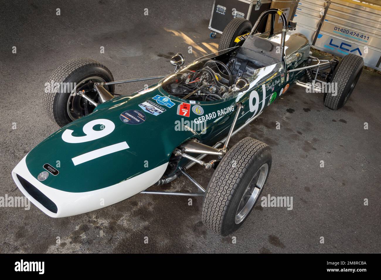 Chris Drake's 1964 Cooper-Ford T71/73 in the paddock garage before the ...