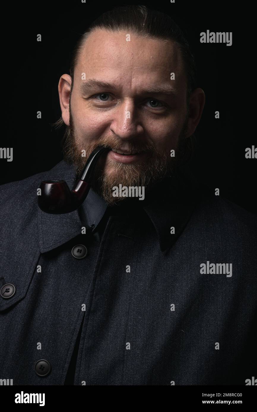 stylish man in retro outfit suit hat smoking wooden pipe sherlock ...