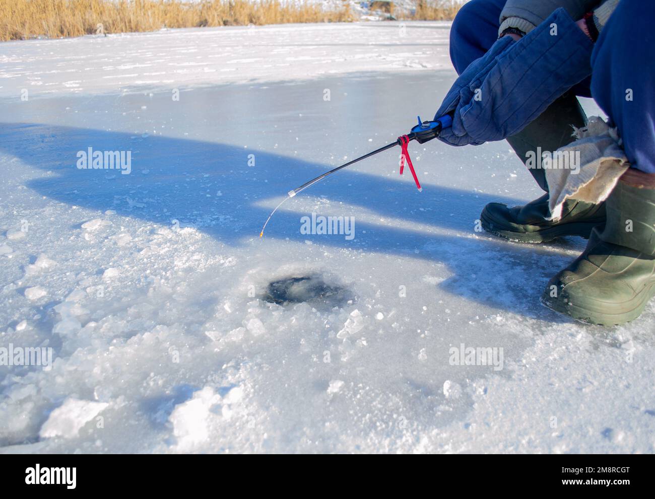 Winter ice fishing. Fisherman sitting near ice-hole and holding small ...