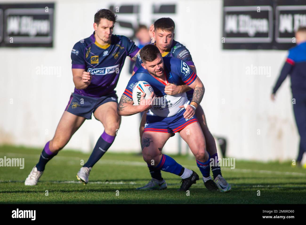 Wakefield, UK. 15th Jan, 2023. Liam Hood of Wakefield is tackled by Ben ...