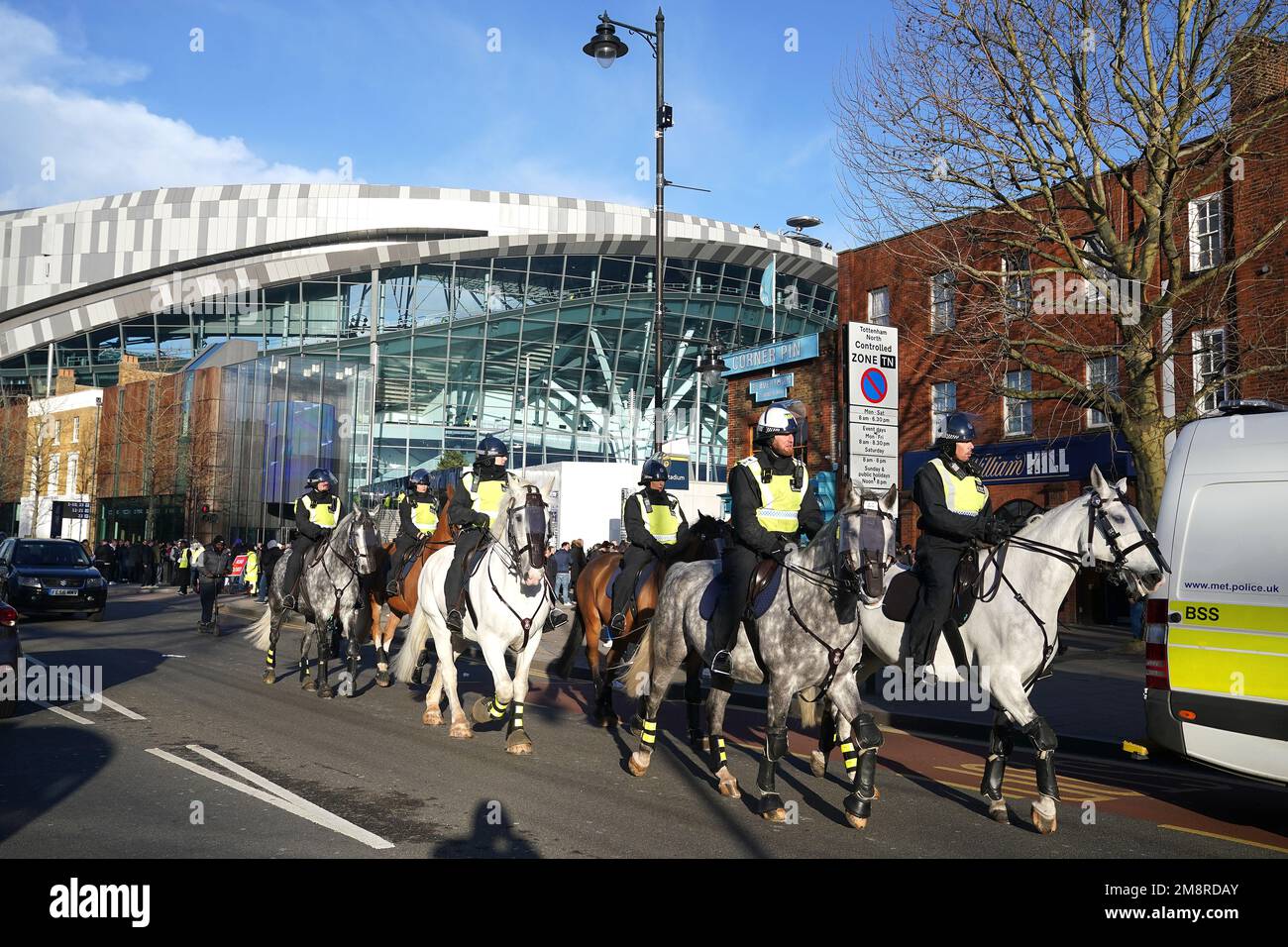 Mounted police outside the stadium as fans gather before the Premier ...