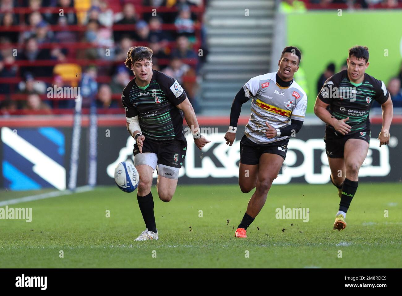 Benhard van Rensburg of London Irish chases his own kick during the ...